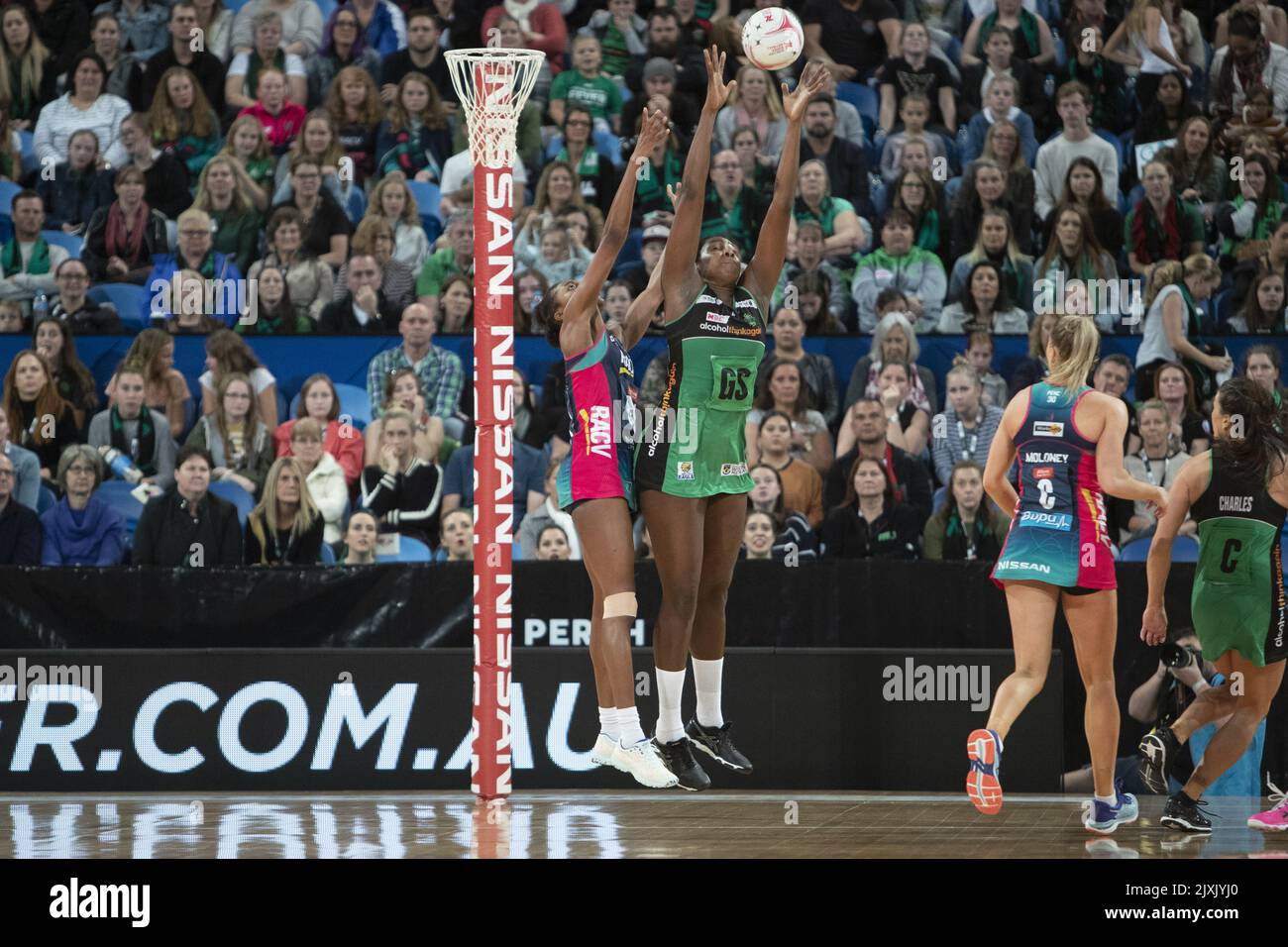 Jhaniele Fowler of the Fever and Kadie Ann Dehaney of the Vixens during ...