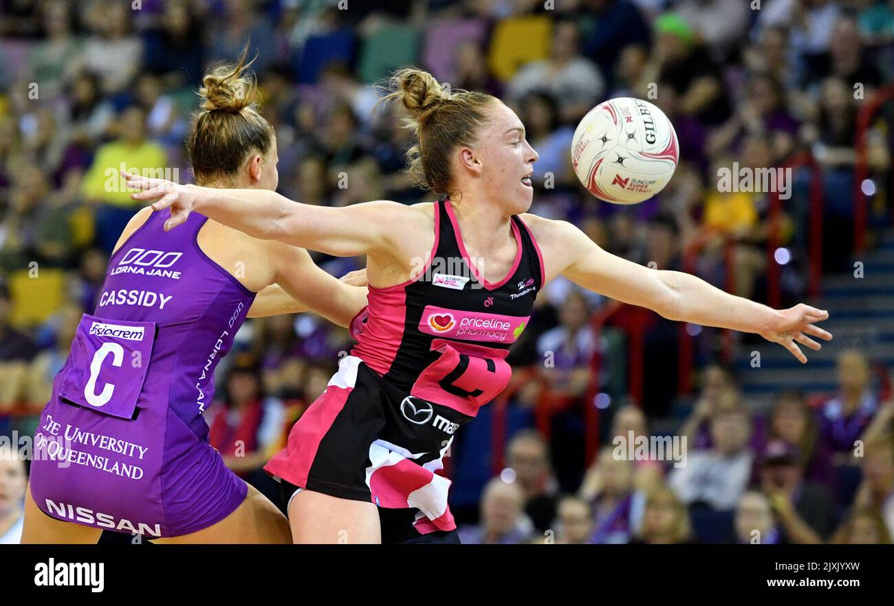 Hannah Petty (right) of the Thunderbirds in action against Mahalia ...