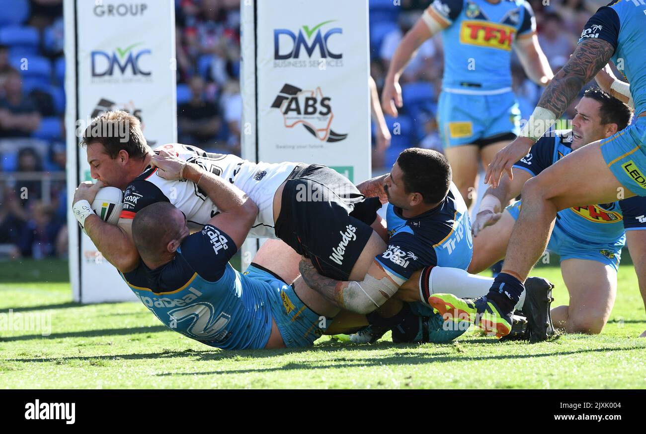 Karl lawton of the Warriors scores a try during the Round 20 NRL match ...