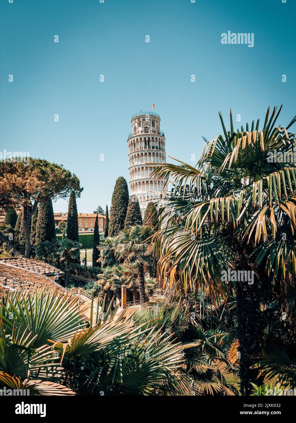 A vertical closeup of the Leaning Tower of Pisa surrounded by green ...
