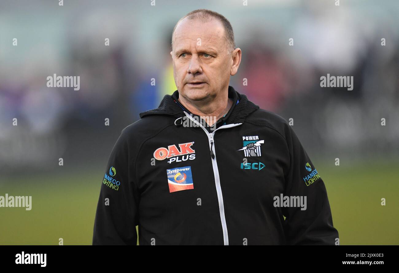 Coach of the Power Ken Hinkley is seen during the Round 19 AFL match ...