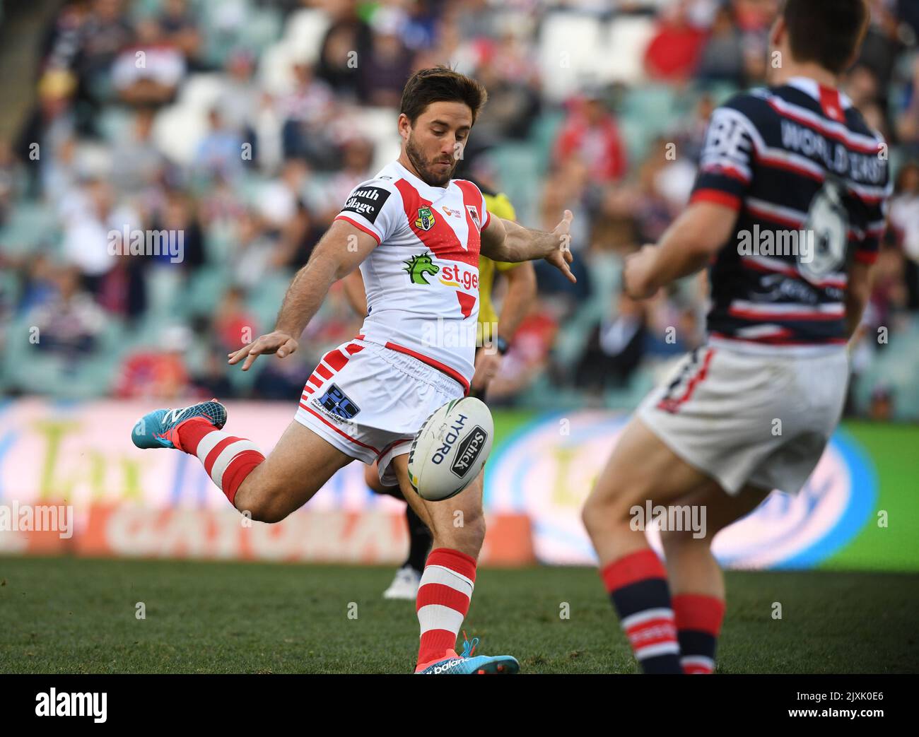 Ben Hunt of the Dragons kicks the ball during the Round 20 NRL match ...