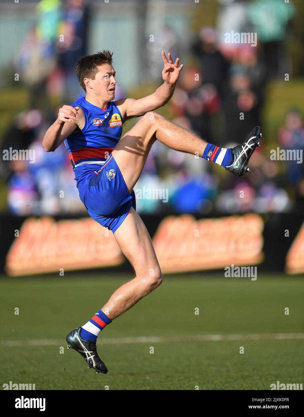 Fergus Green of the Bulldogs is seen as he kicks his first AFL goal ...