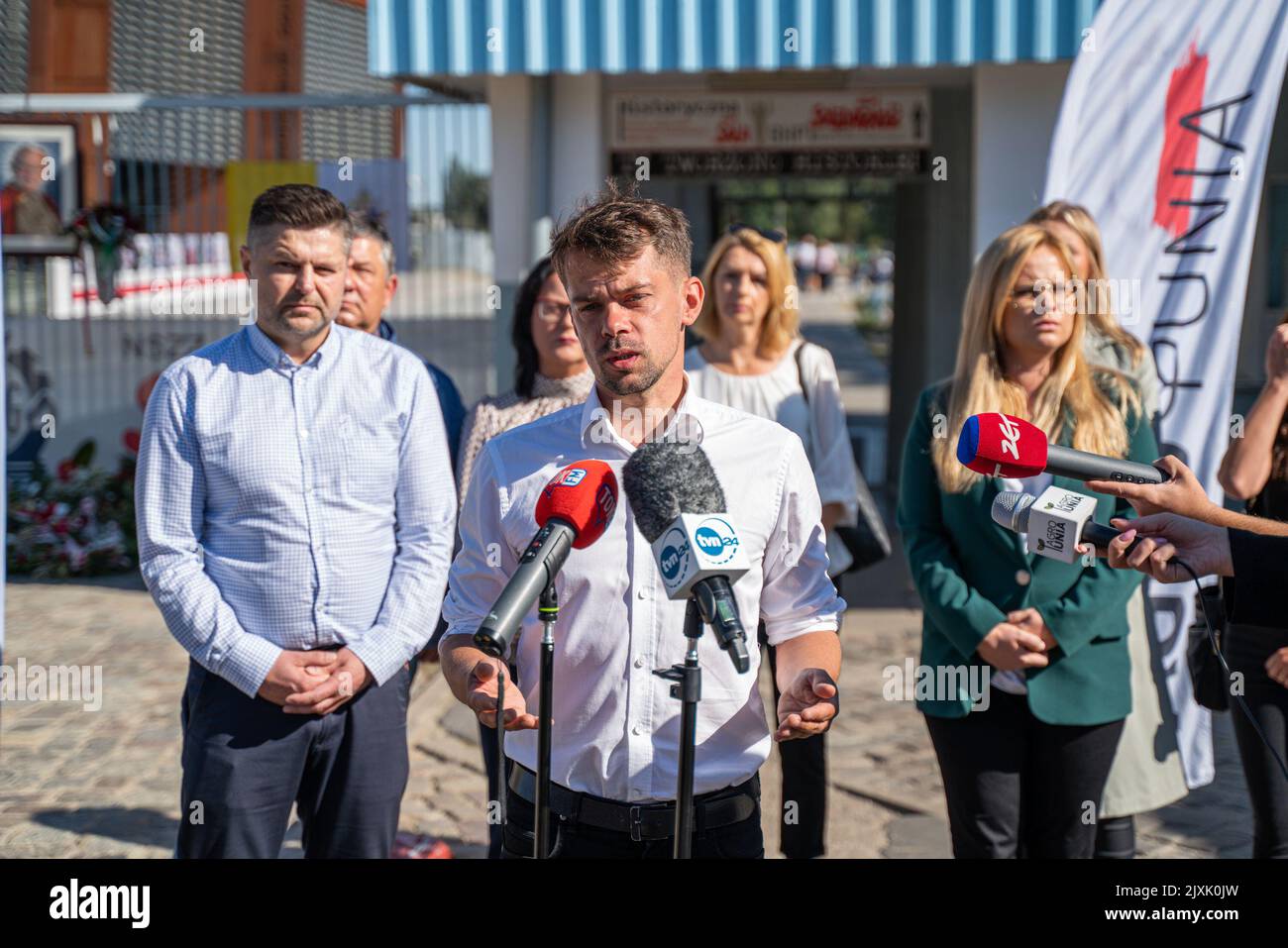 Micha? Ko?odziejczak, leader of the Polish farmers' movement, AGROunia, speaks to press at the ...
