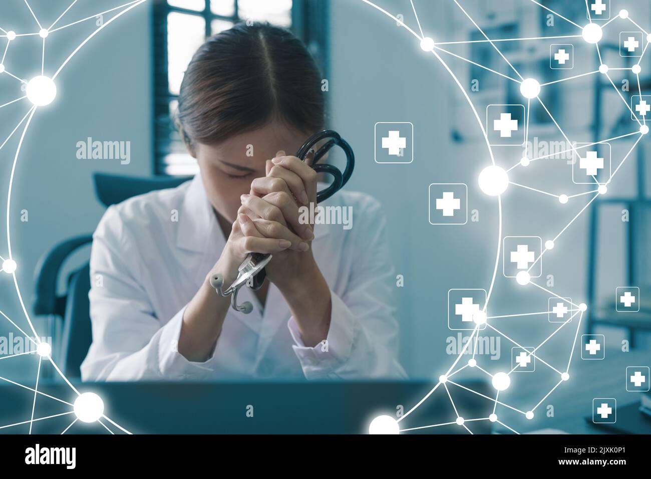 Stressed of Doctor and interface icon on screen. Modern medical banner ...