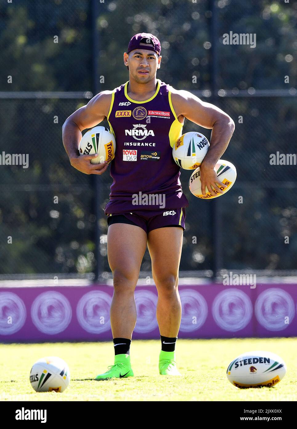 Jamayne Isaako looks on during a Brisbane Broncos training session in ...