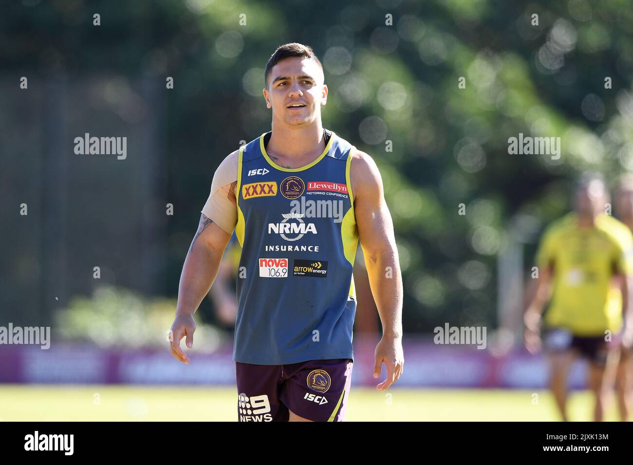 Kodi Nikorima looks on during a Brisbane Broncos training session in ...