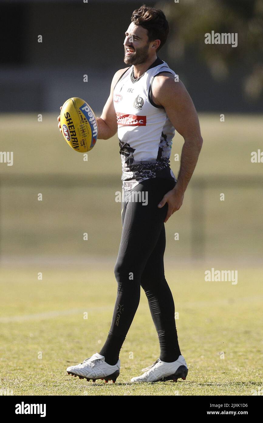 Alex Fasolo is seen reaching for his hamstring during a Collingwood ...