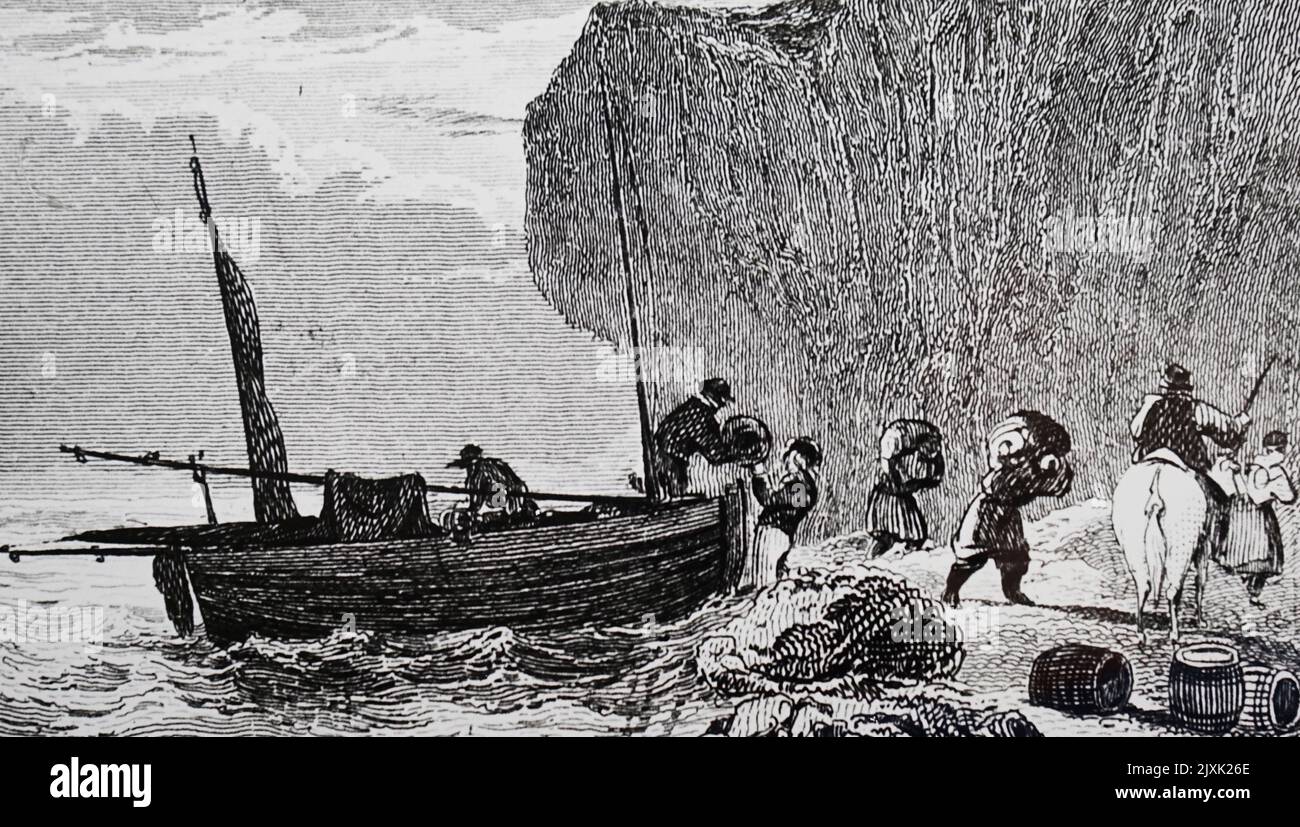 Illustration depicting smugglers unloading their cargo. Dated 19th ...