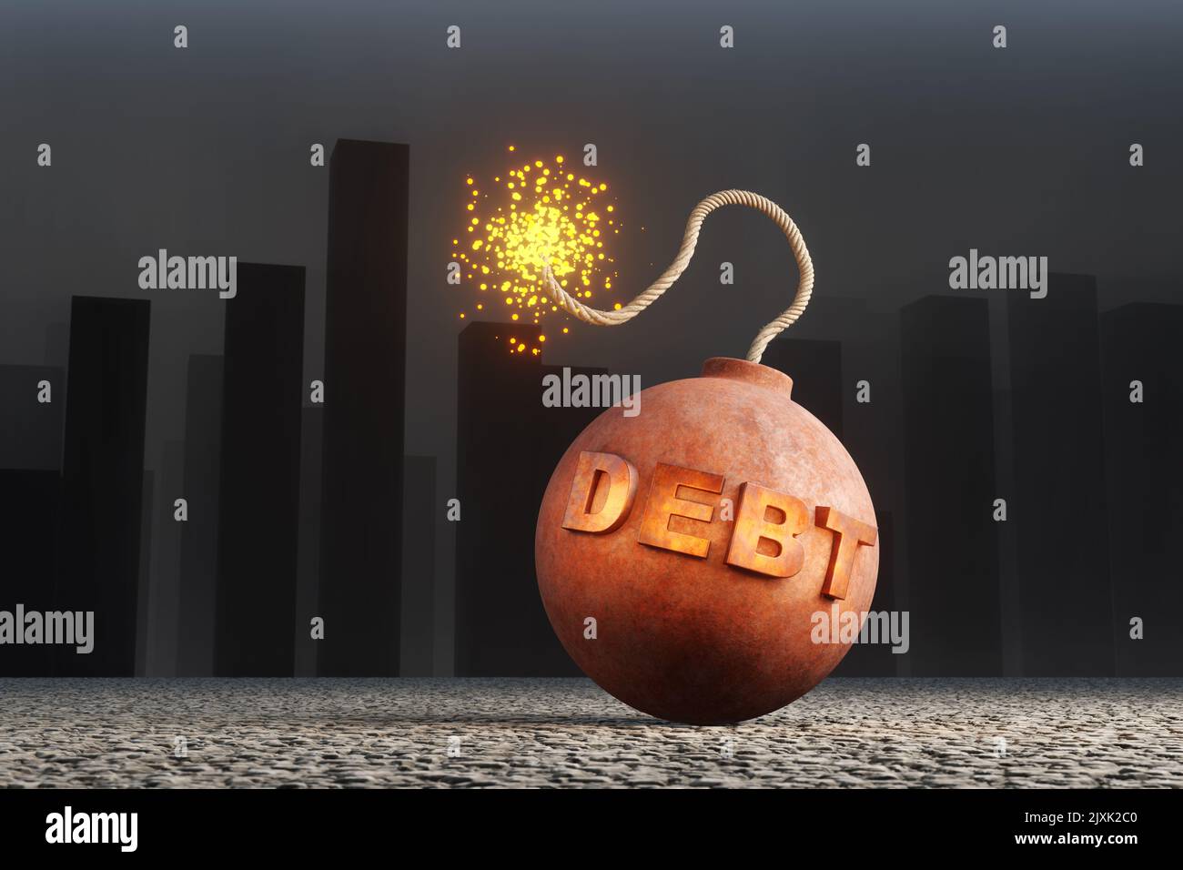 Ignited debt bomb in front of a foggy city. Illustration of the concept ...