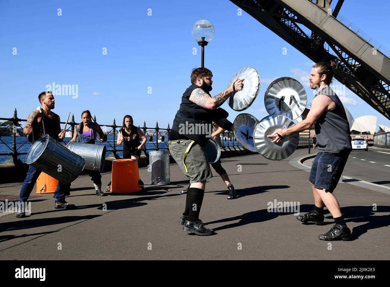 The cast of stage show Stomp perform for the media in Sydney, Wednesday ...