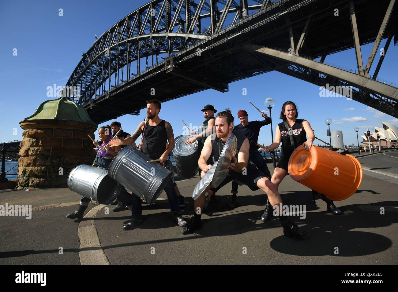 The cast of stage show Stomp perform for the media in Sydney, Wednesday ...
