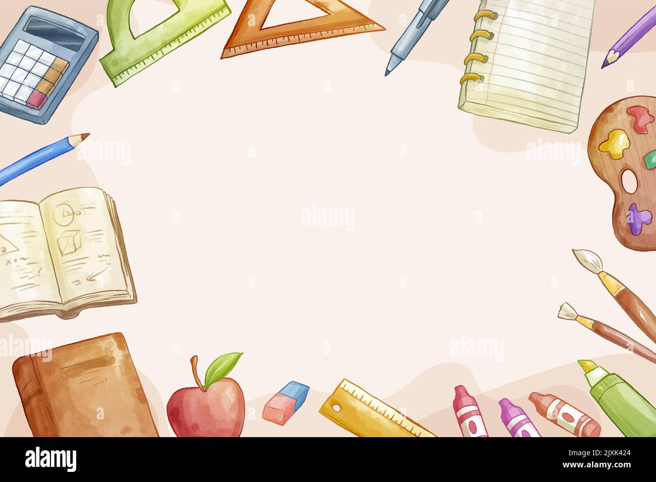 Watercolor back to school background with school supplies Vector ...