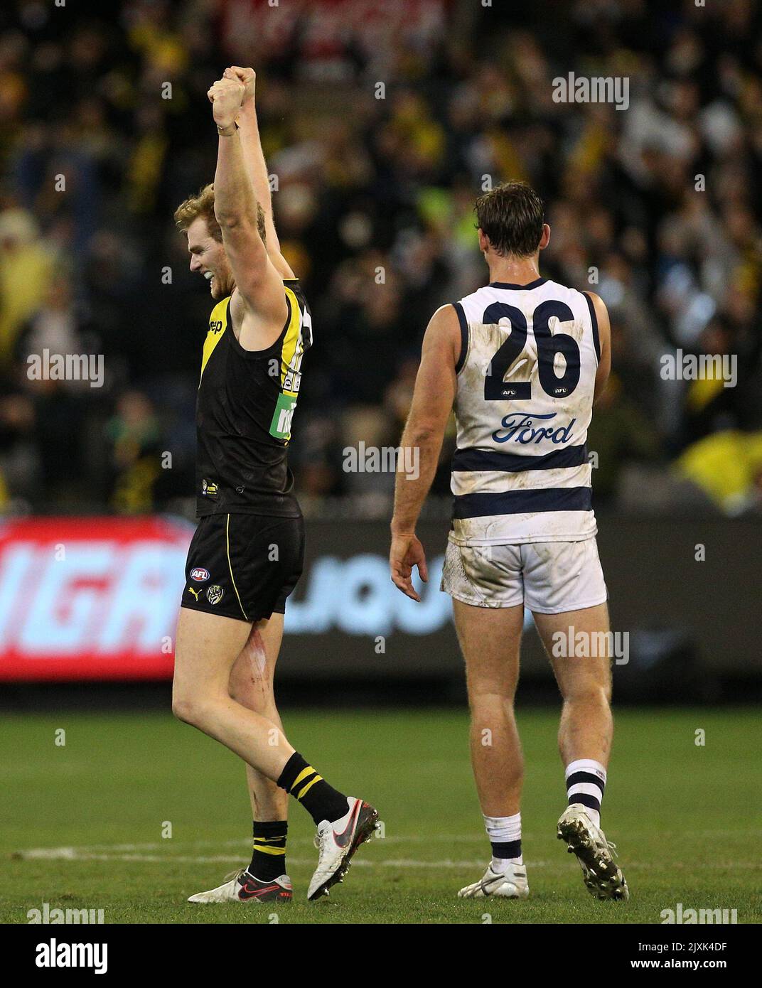 David Astbury of the Tigers (left) celebrates on the final siren as Tom ...