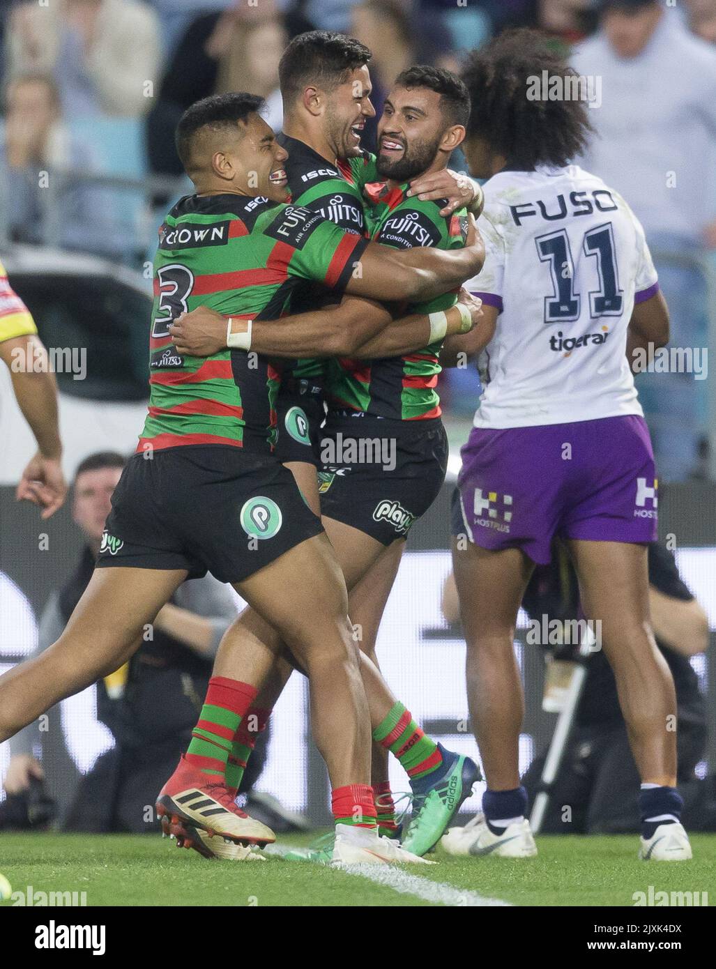 Try by Alexander Johnston of the Rabbitohs during the Round 21 NRL ...