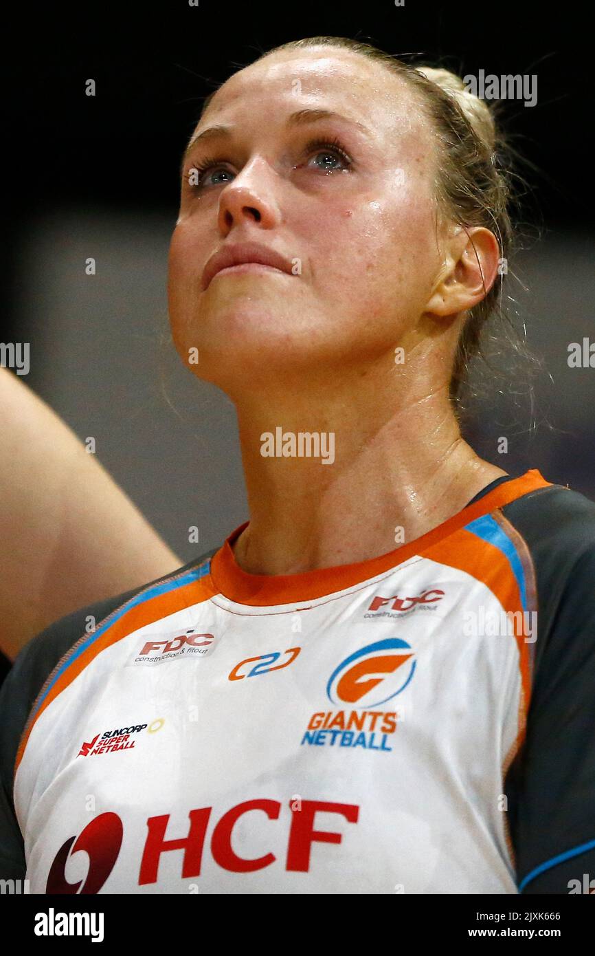 Kimberlee Green of the Giants reacts to a tribute to retiring player ...