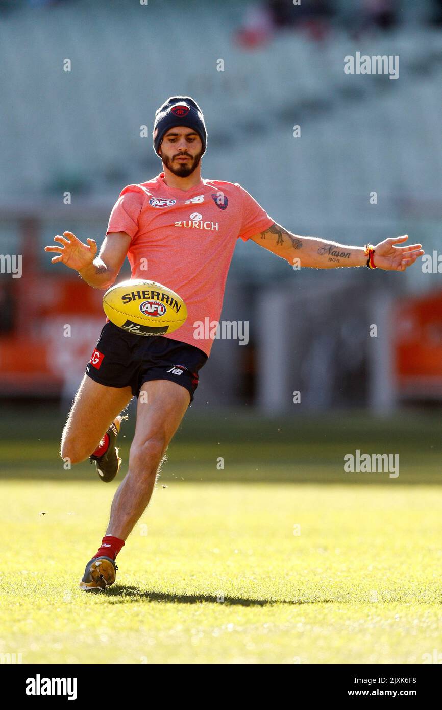 Jeff Garlett of the Demons warms up before the Round 20 AFL match ...