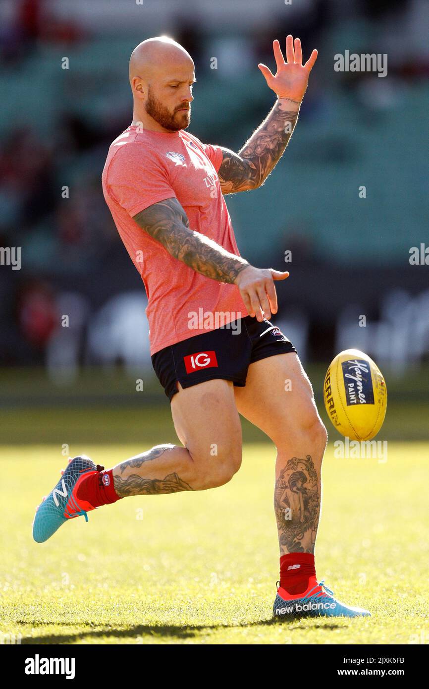 Nathan Jones of the Demons warms up before the Round 20 AFL match ...