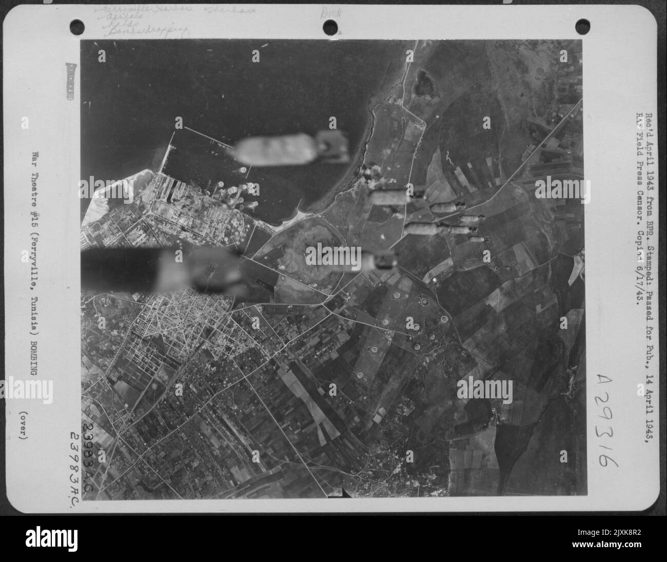 Ferryville, Tunisia-Bombs from Boeing B-17 "Flying Fortresses" dropping ...
