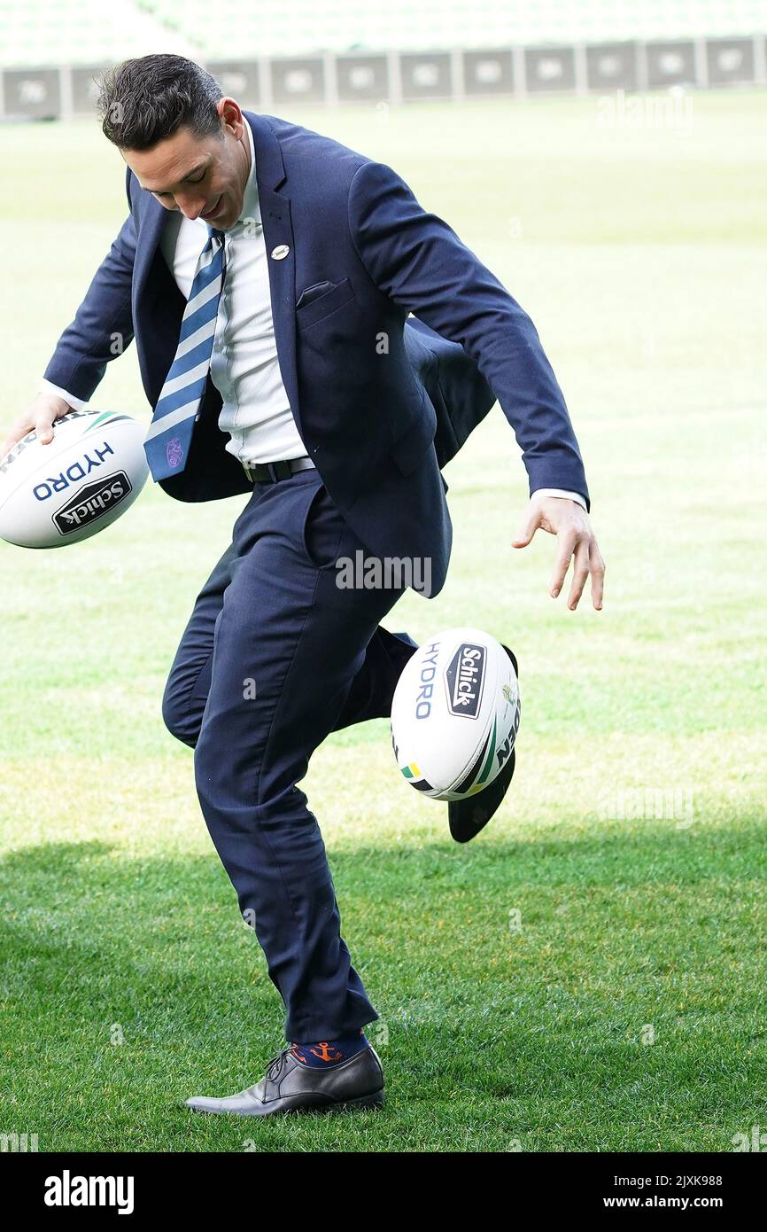Melbourne Storm player Billy Slater kicks the ball around with his ...