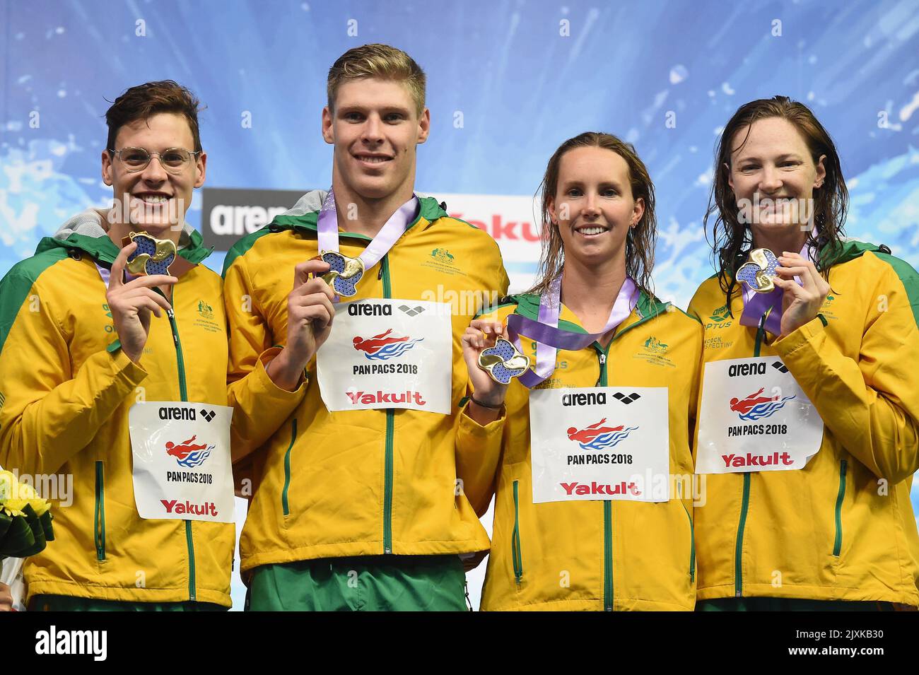 (L-R) Gold medalist, Mitch Larkin, Jake Packard, Emma Mckeon, Cate ...