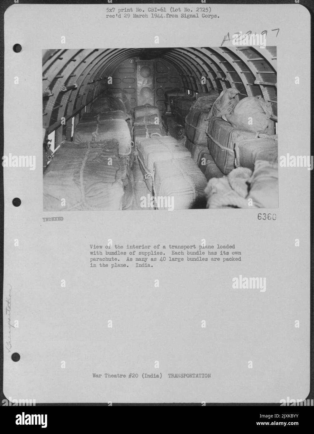 View of the interior of a transport plane loaded with bundles of ...