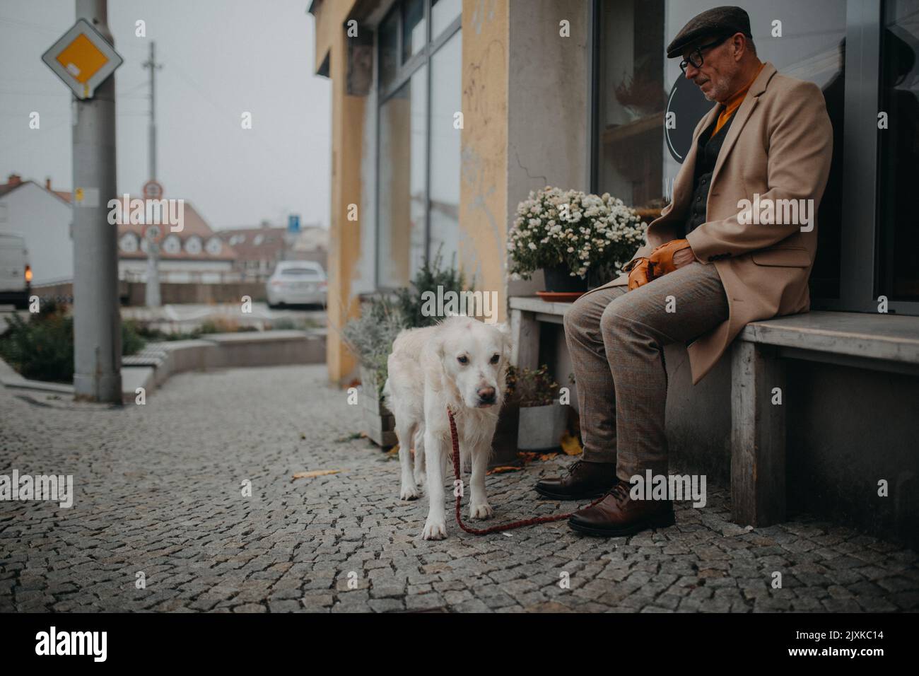Unhappy senior man sitting on bench in front of store and waiting ...