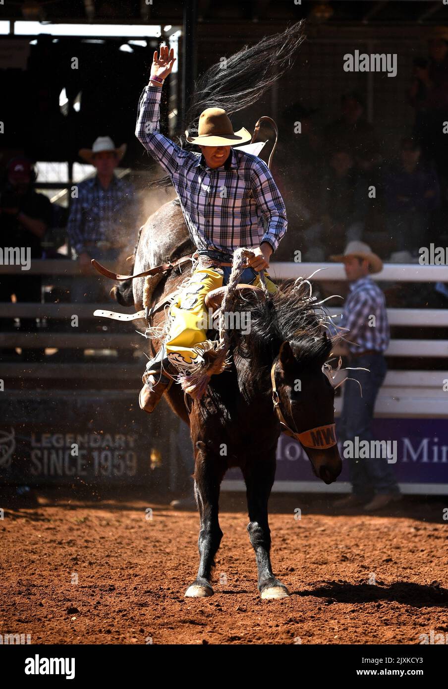 Morgan Marks competes in the Saddle Bronc event at the Mount Isa Mines ...