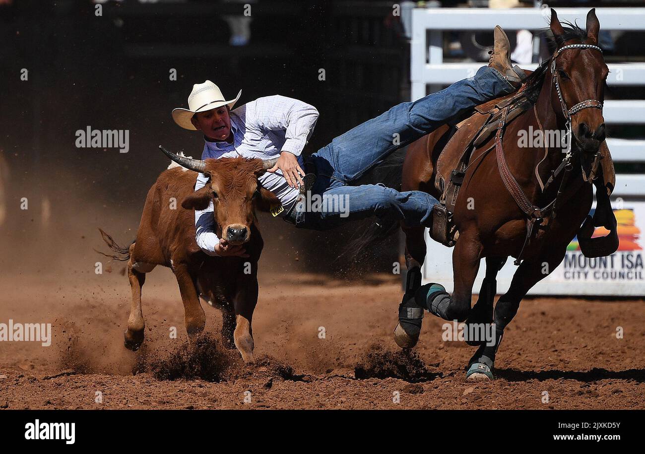Jace Land competes in the steer wrestling event at the Mount Isa Mines ...