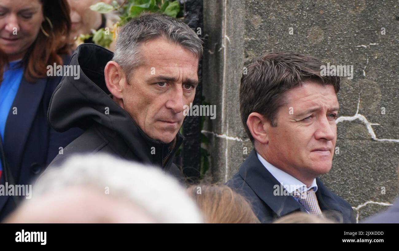 Jockeys Davy Russell (left) and Barry Geraghty, leaves the church after ...