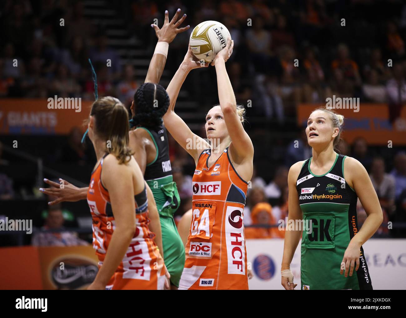 Joanne Harten of the Giants shoots for goal during the Super Netball ...