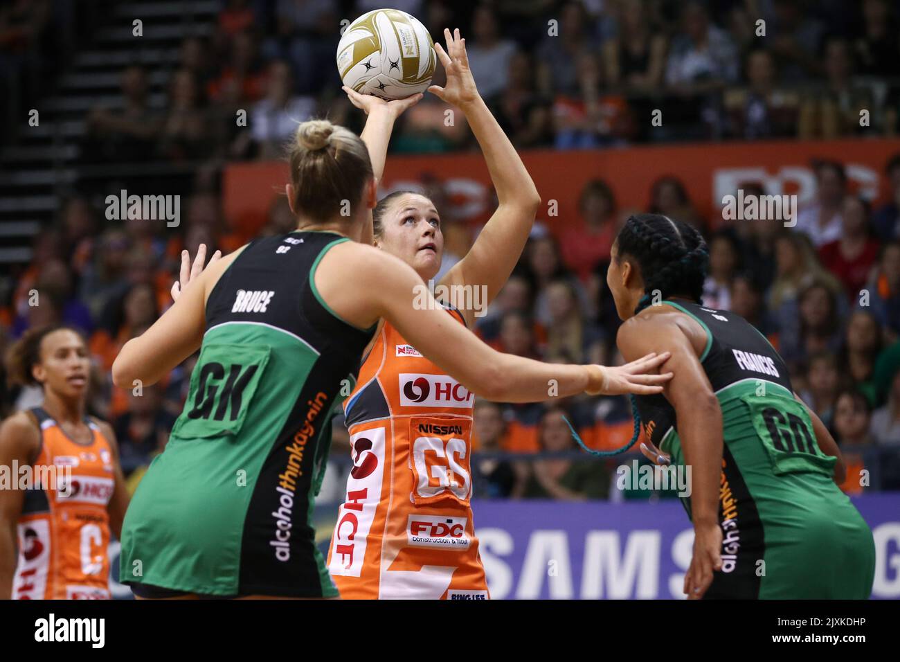 Susan Pettitt of the Giants shoots for goal during the Super Netball ...