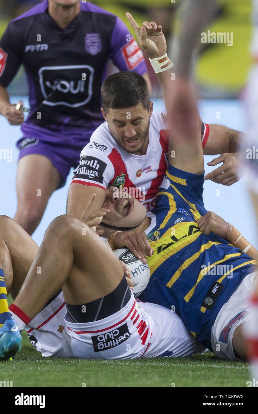 Jarryd Hayne of the Eels scores during the Round 22 NRL match between ...