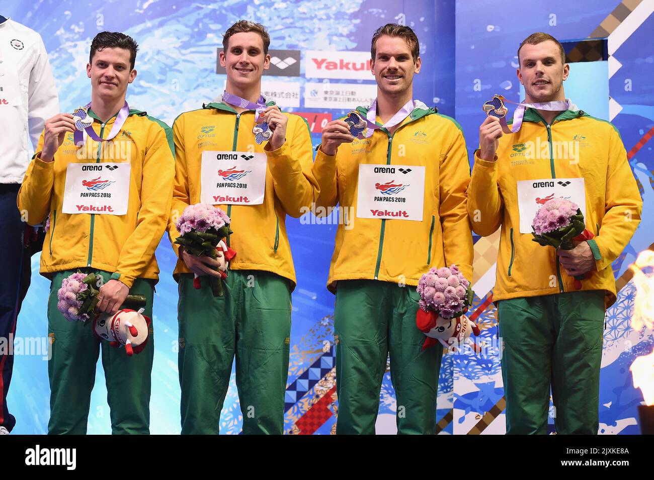 (L-R) Bronze medalist Jack Cartwright, Alexander Graham, James Roberts ...
