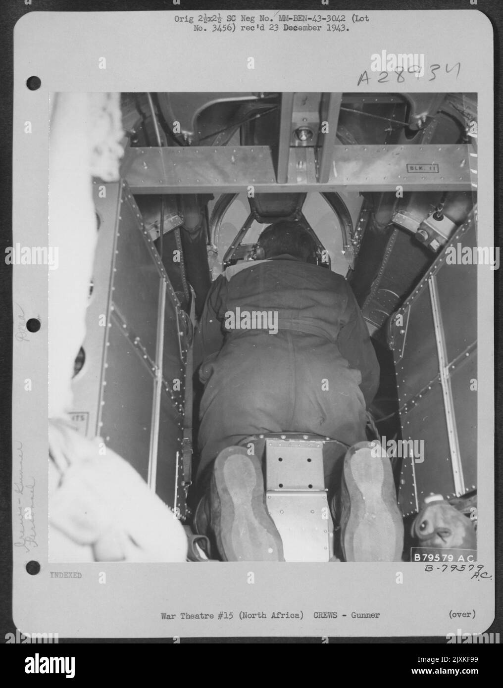 Tail end view of S/Sgt. Clarence M. Baumgartner, tail gunner from ...