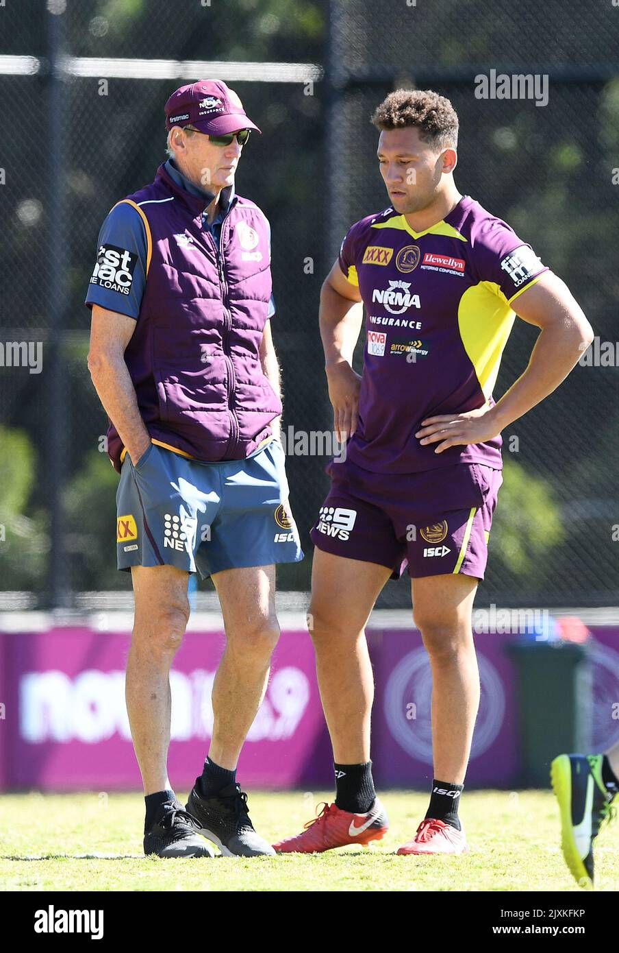 Coach Wayne Bennett (left) speaks with Gehamat Shibasaki during a ...