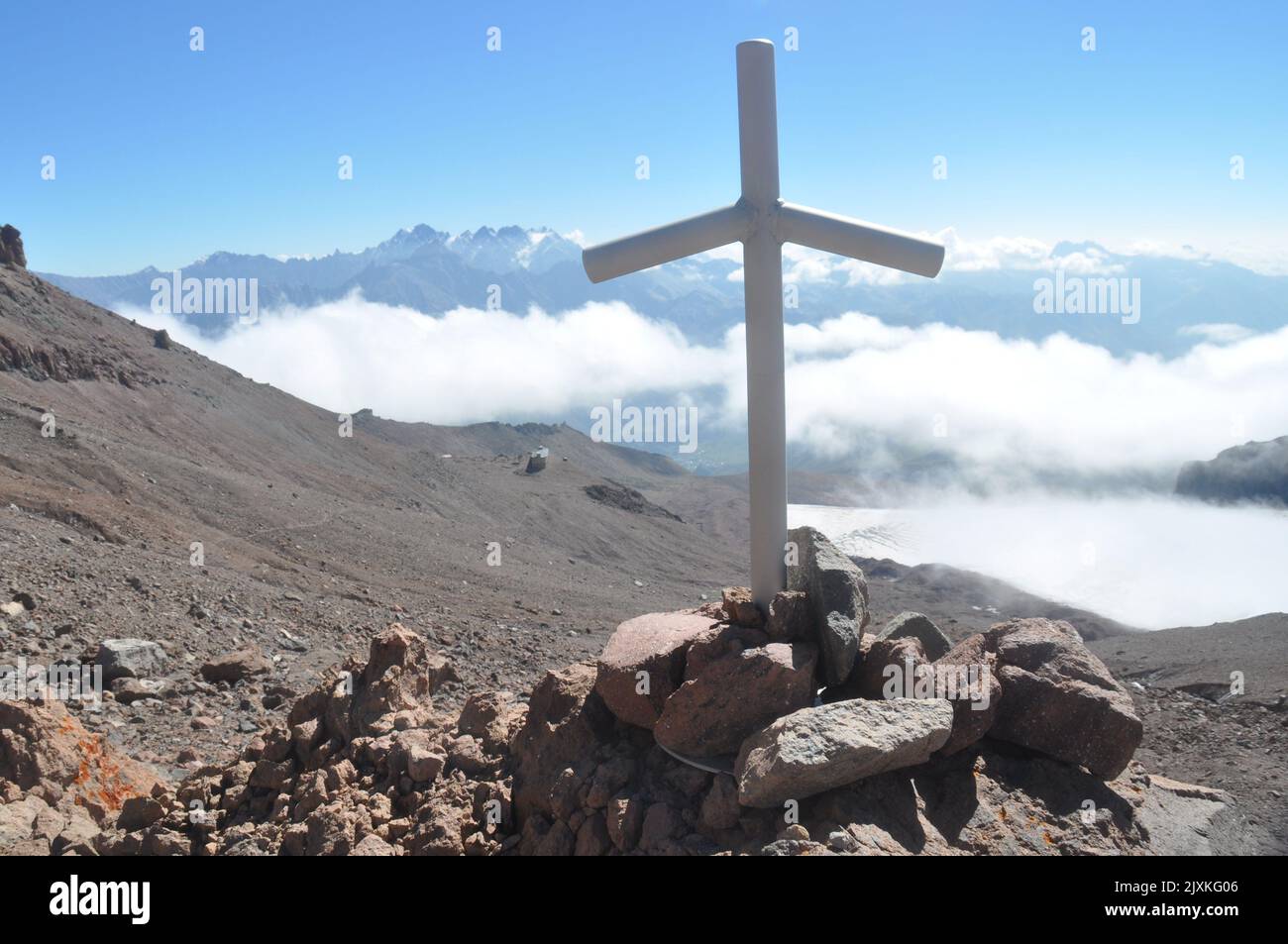 cross above Bethlehem hut when climbing Mount Kazbeg Caucasus Georgia ...