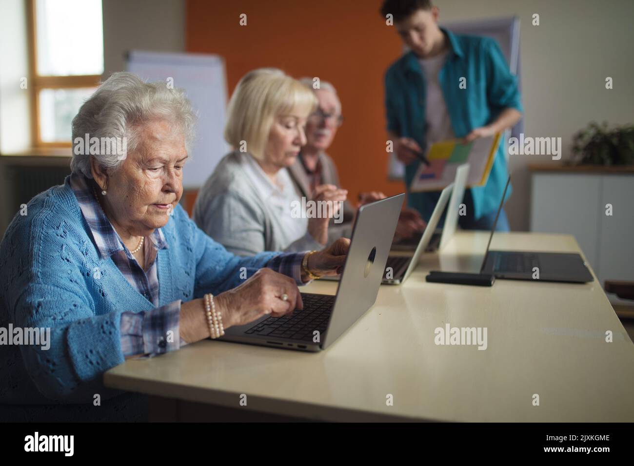 Senior group in retirement home with young instructor learning together ...