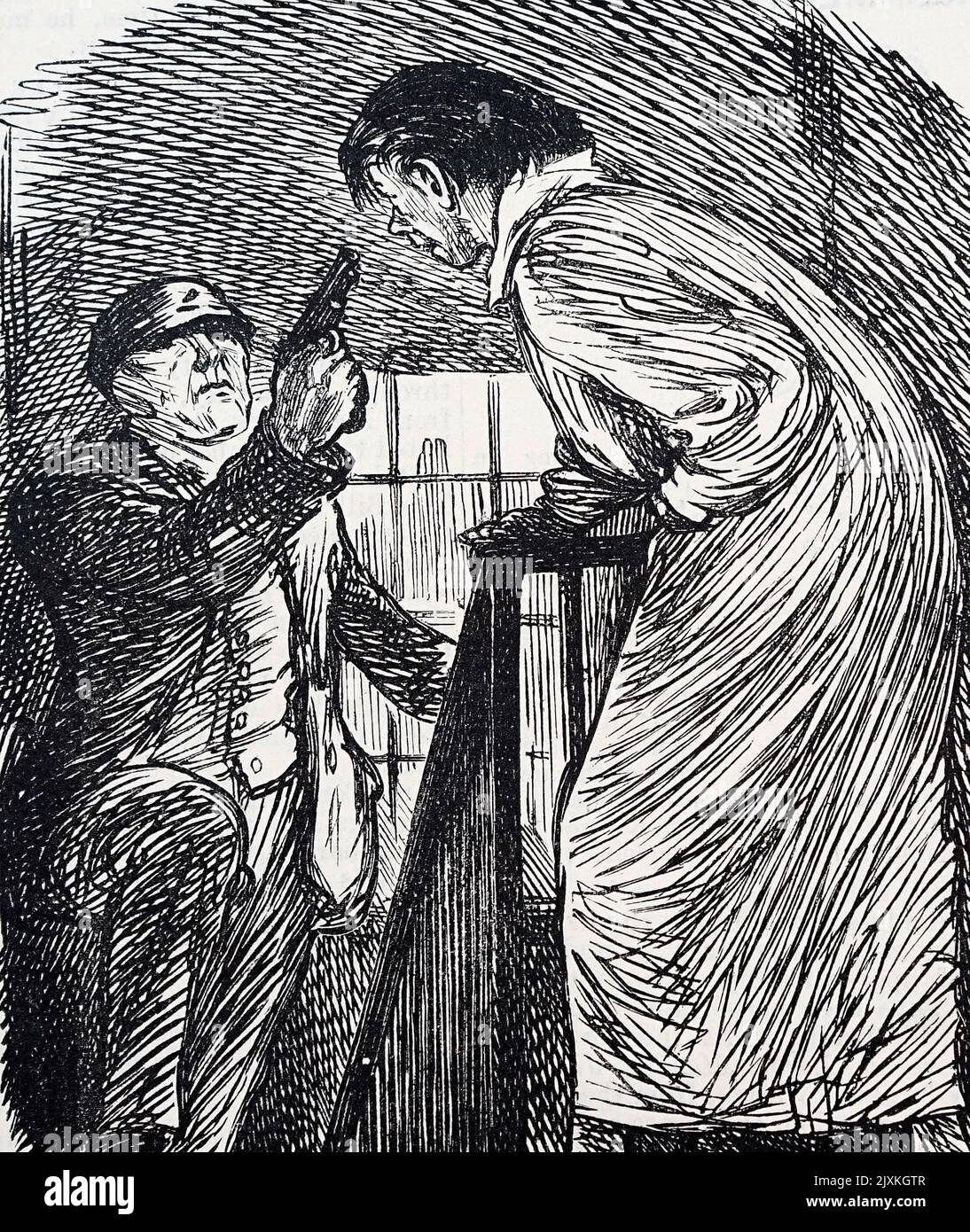 Illustration depicting a policeman stopping a burglary by pointing his ...