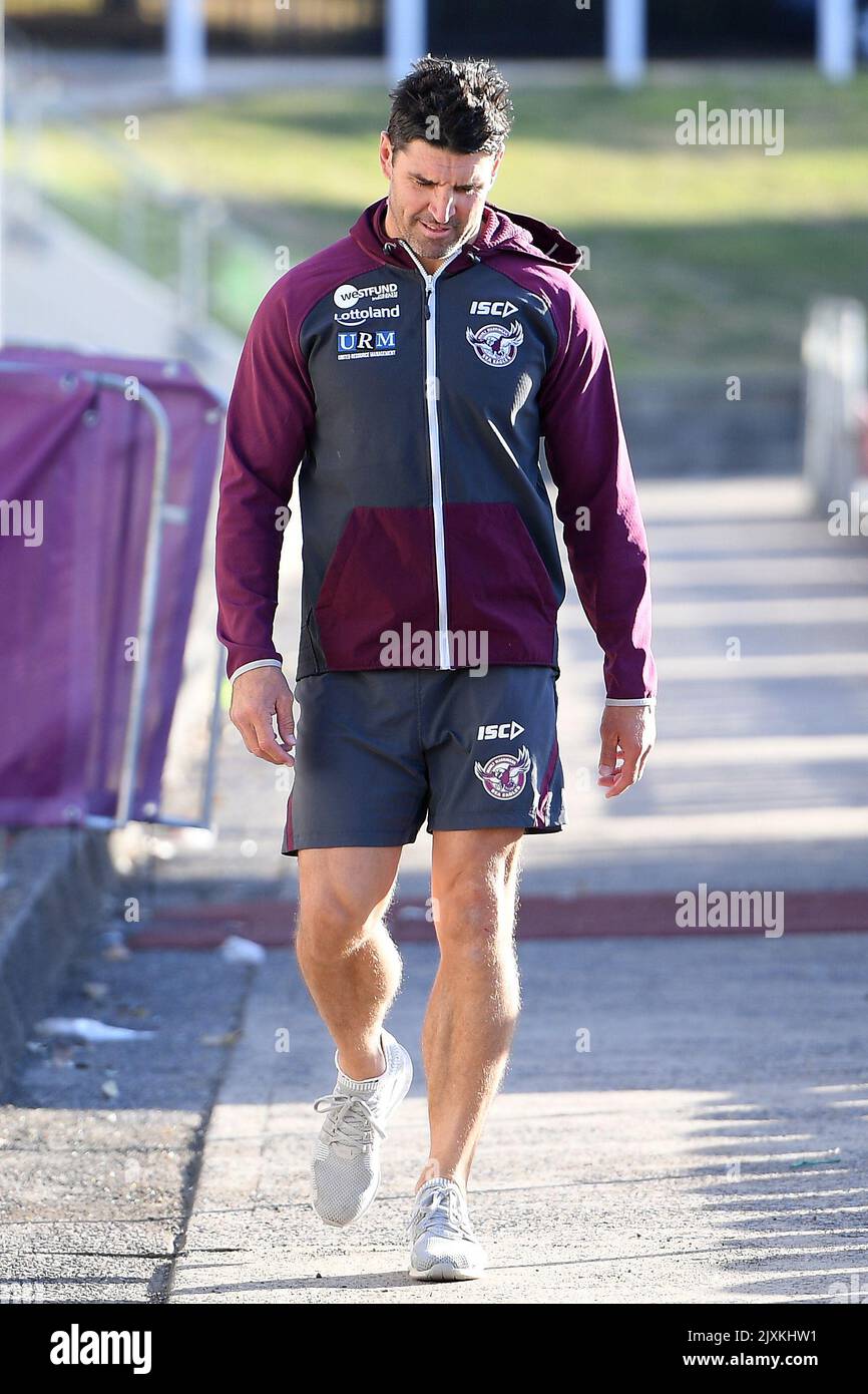 Manly-Warringah Sea Eagles coach Trent Barrett arrives to speak to ...