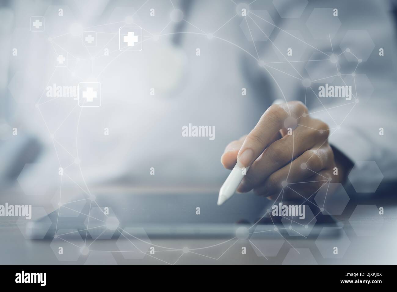 Doctor using digital tablet virtual screen. Modern medical banner ...