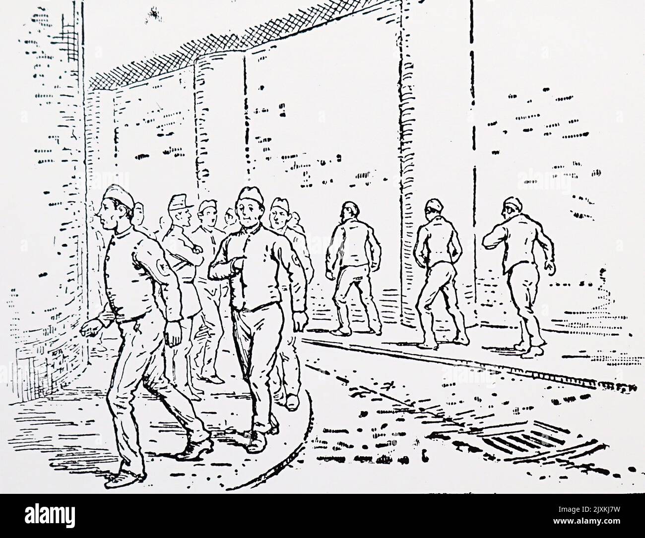 Illustration depicting prisoners in the exercise yard of an English ...