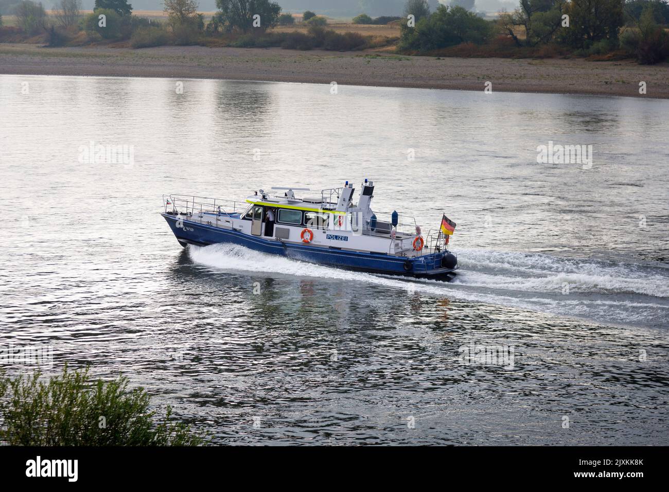 Police boat of the Rhine water police at the Fleher bridge Stock Photo ...