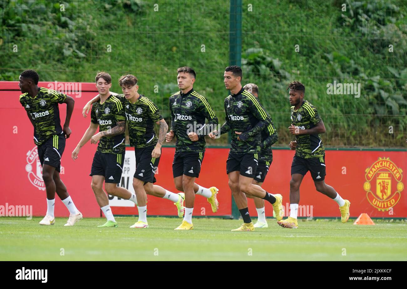 Manchester United's Cristiano Ronaldo and teammates during the training ...