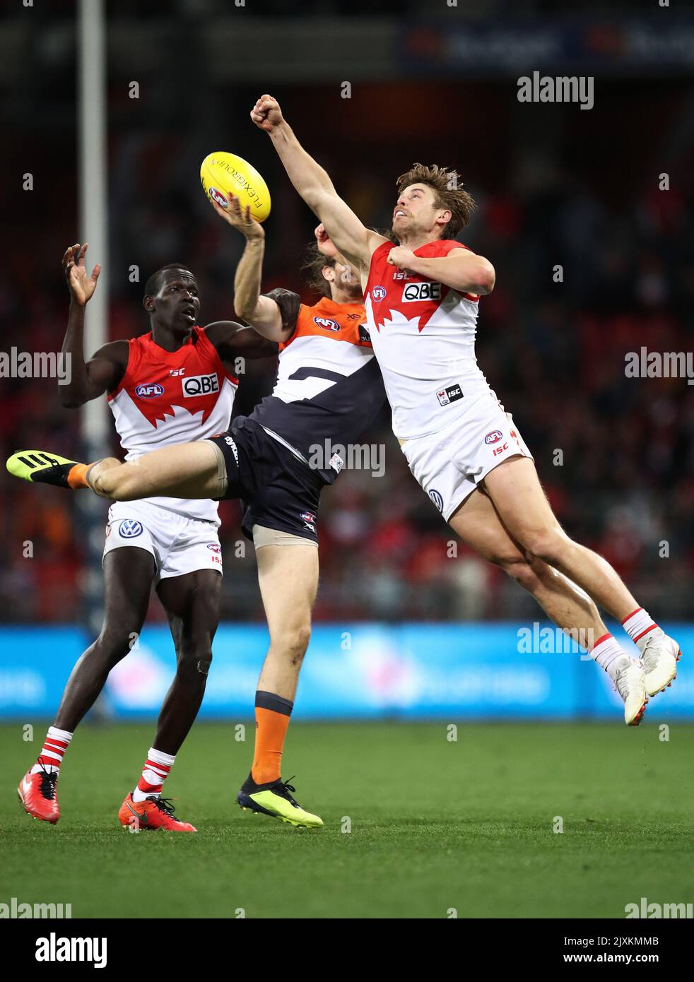 Dane Rampe of the Swans contests the ball during the Round 22 AFL match ...