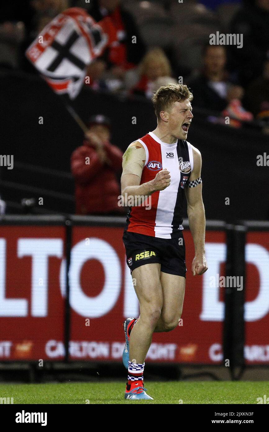 Jack Newnes of the Saints celebrates a goal during the Round 22 AFL ...