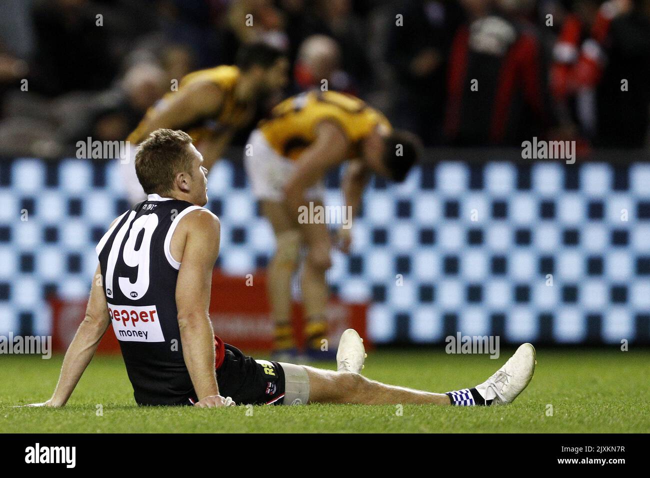 Sam Gilbert of the Saints looks dejected after the Round 22 AFL match ...