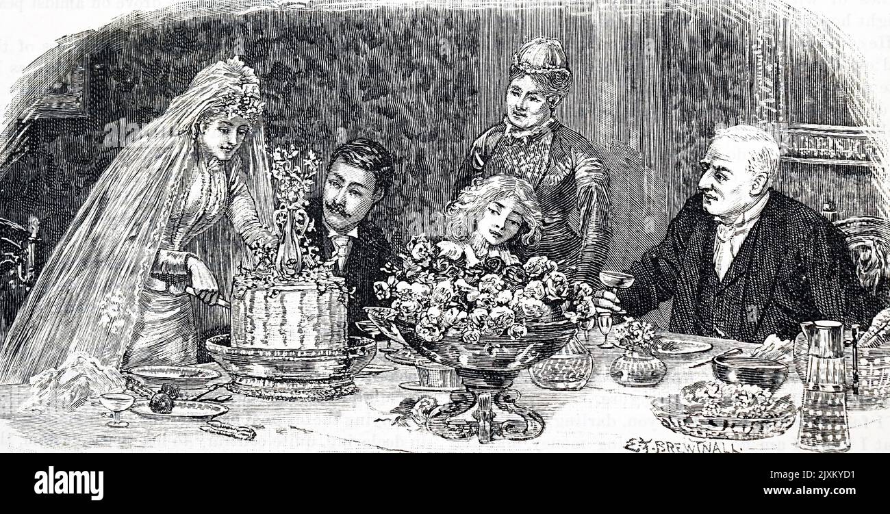 Engraving depicting a bride cutting her wedding cake. Dated 19th ...