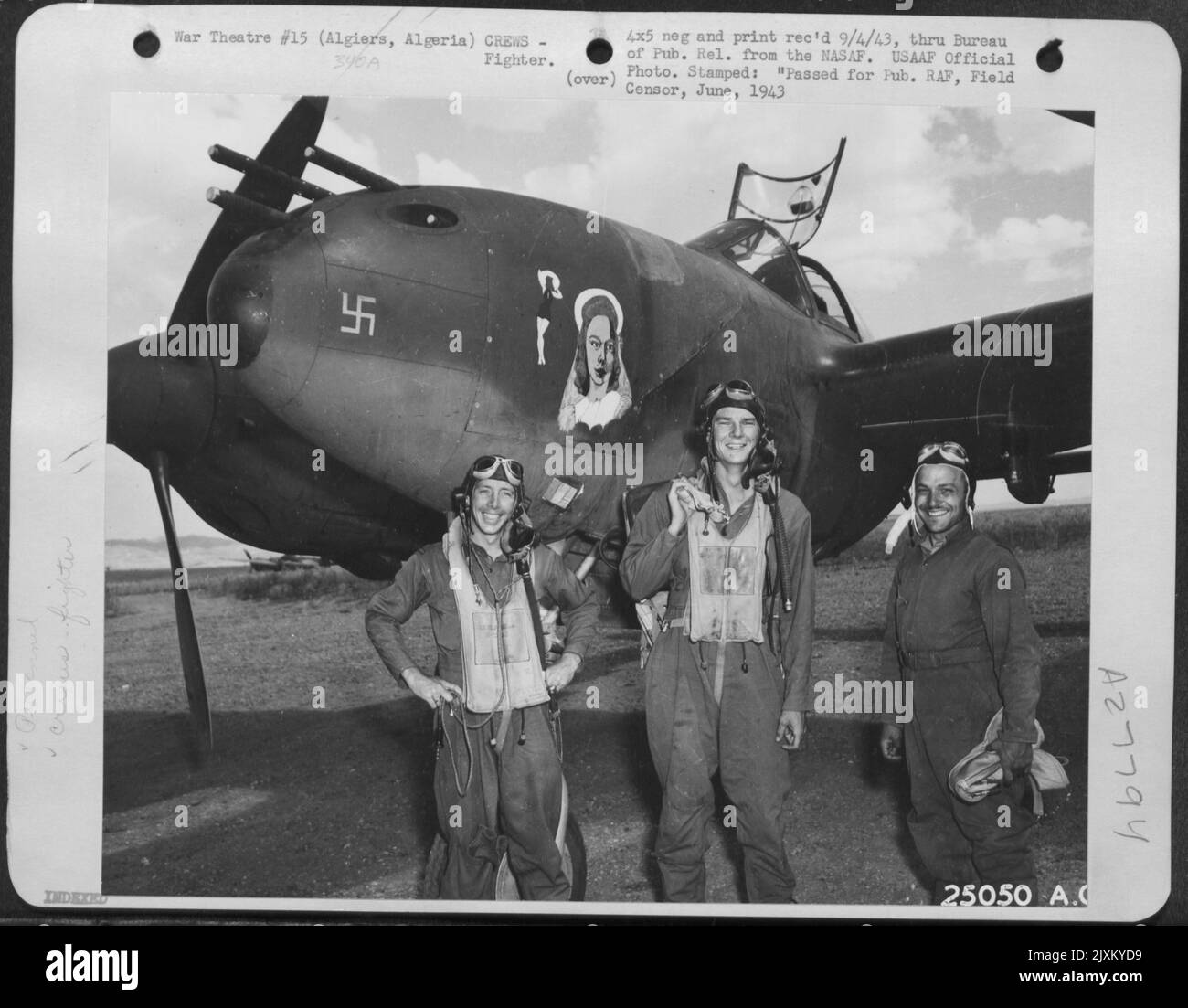 Pilots pose beside a Lockheed P-38. They are left to right: 2nd Lt ...