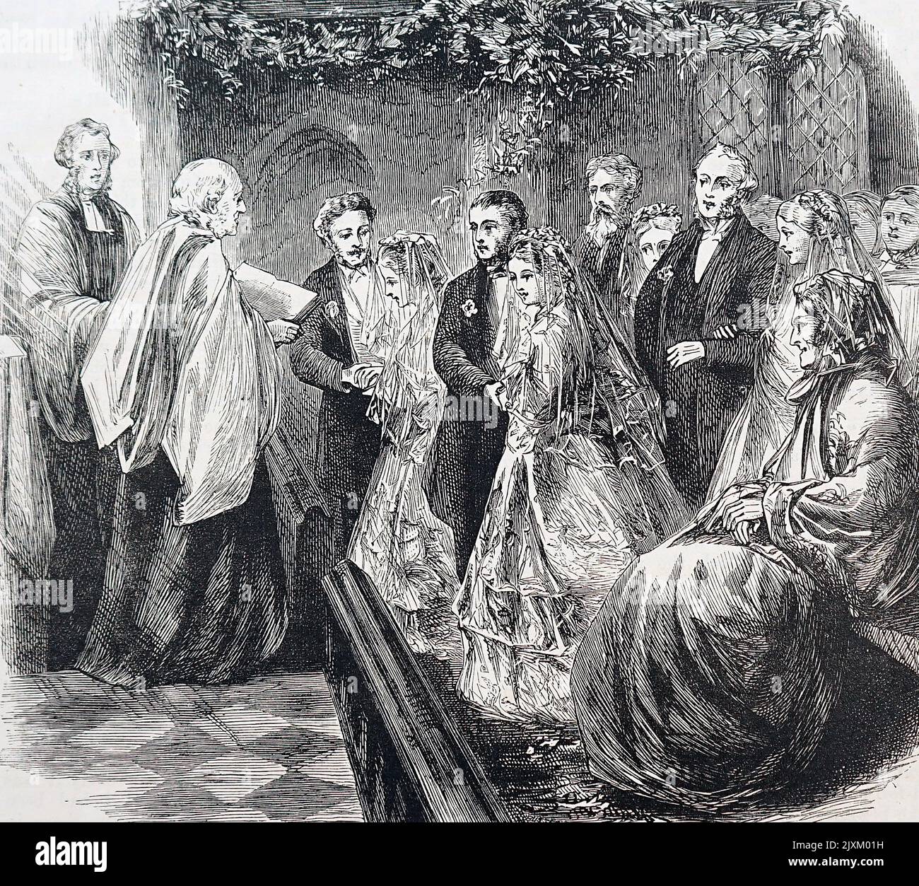 Engraving depicting a double wedding. Dated 19th Century Stock Photo ...